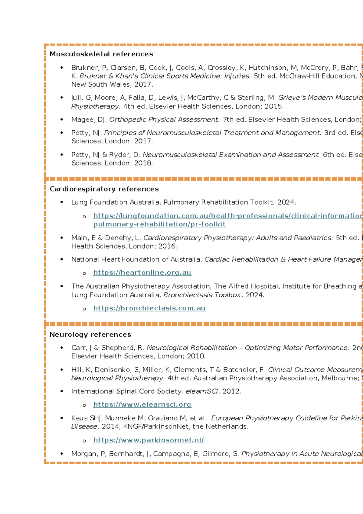 Musculoskeletal & Cardiorespiratory References for Physiotherapy ...
