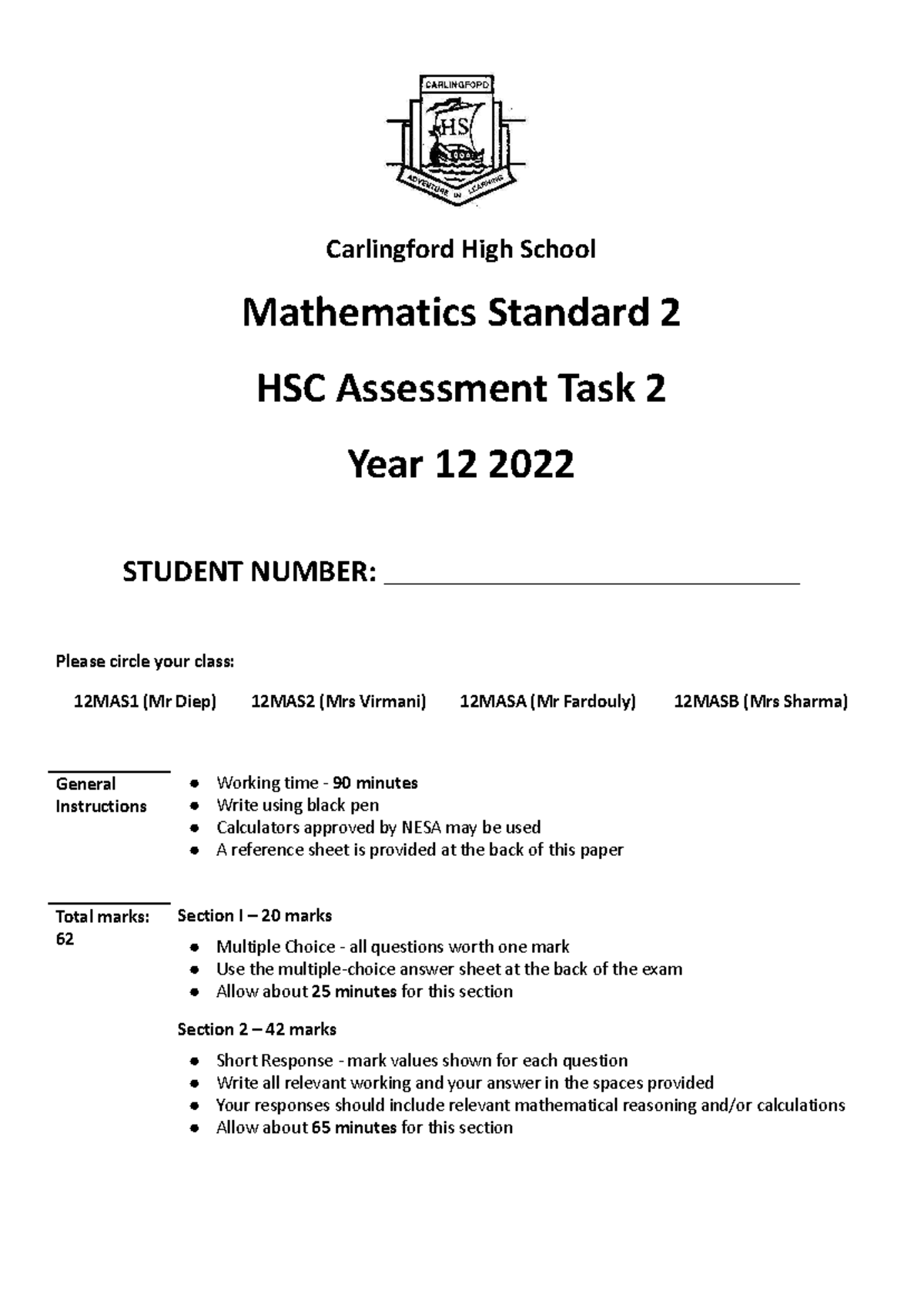 12MS2 HSC Mathematics Standard 2 Assessment Task 2 Past Paper 2022 ...