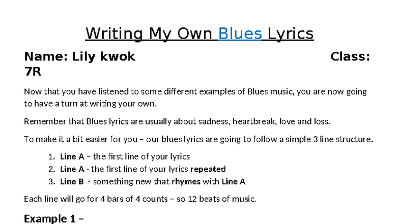 Writing My Own Blues Lyrics - Music 7R Assignment - Studocu