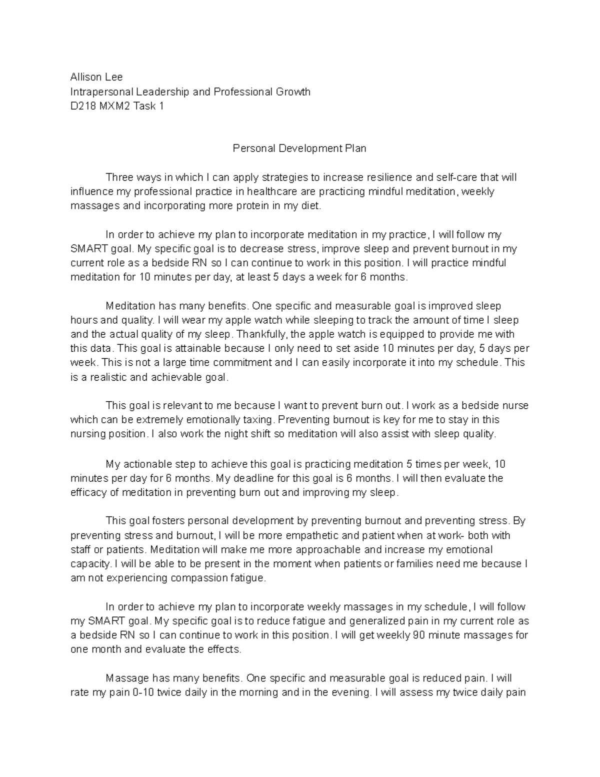 D218 MXM2 Personal Development Plan for Resilience & Self-Care - Studocu