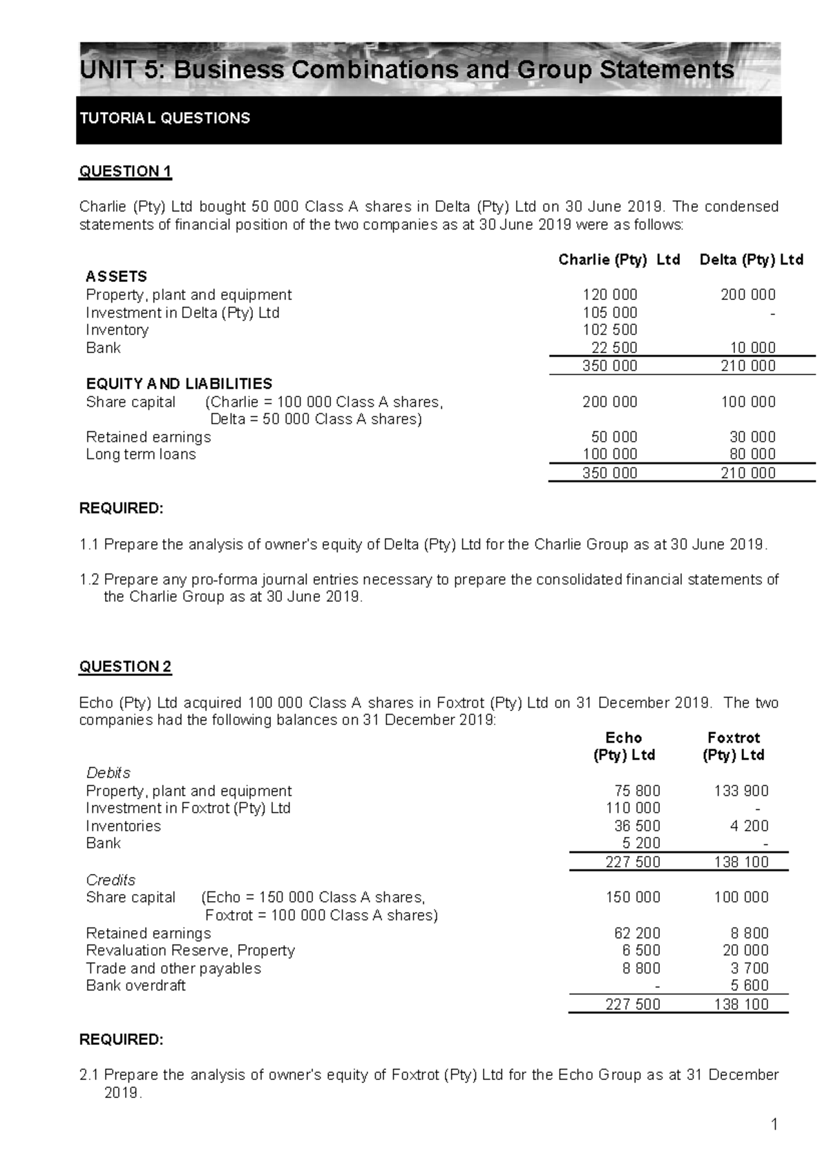 UNIT 5: Business Combinations & Group Statements Tutorial Questions ...