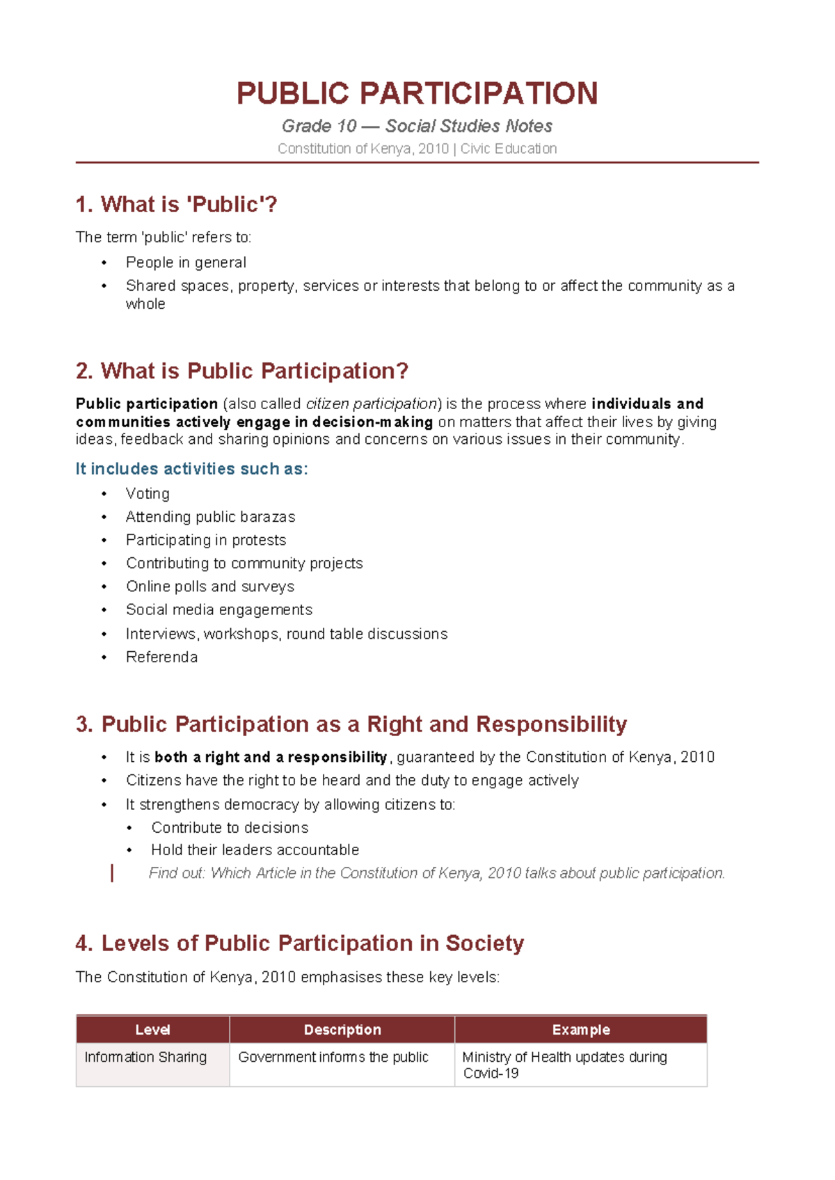 Grade 10 Social Studies: Public Participation Notes on the Constitution ...
