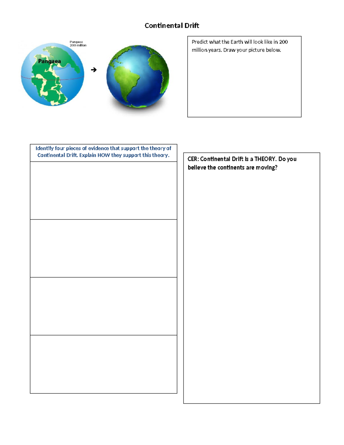Continental Drift with reading - Continental Drift Predict what the ...