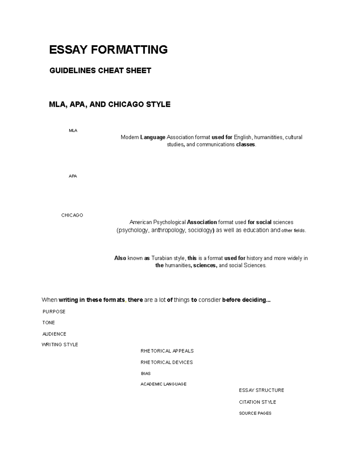 Essay Formatting Guidelines: MLA, APA & Chicago Styles Cheat Sheet ...