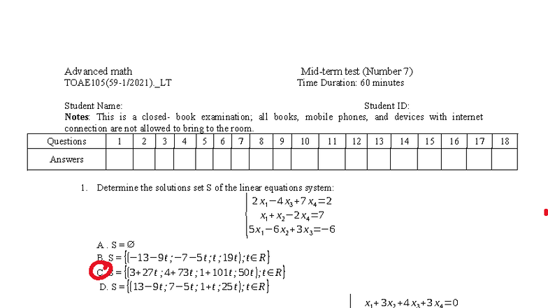 Advanced Math Test (Number 7) - Solutions and Analysis - Studocu
