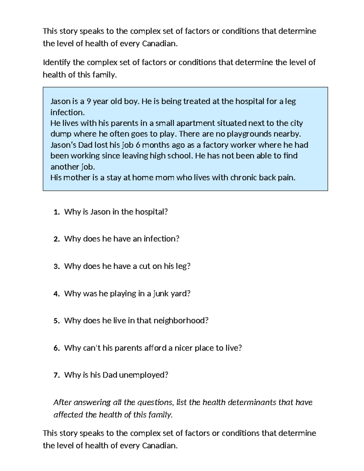 Health Determinants - CASE Studies Analysis - Student Copy - Studocu