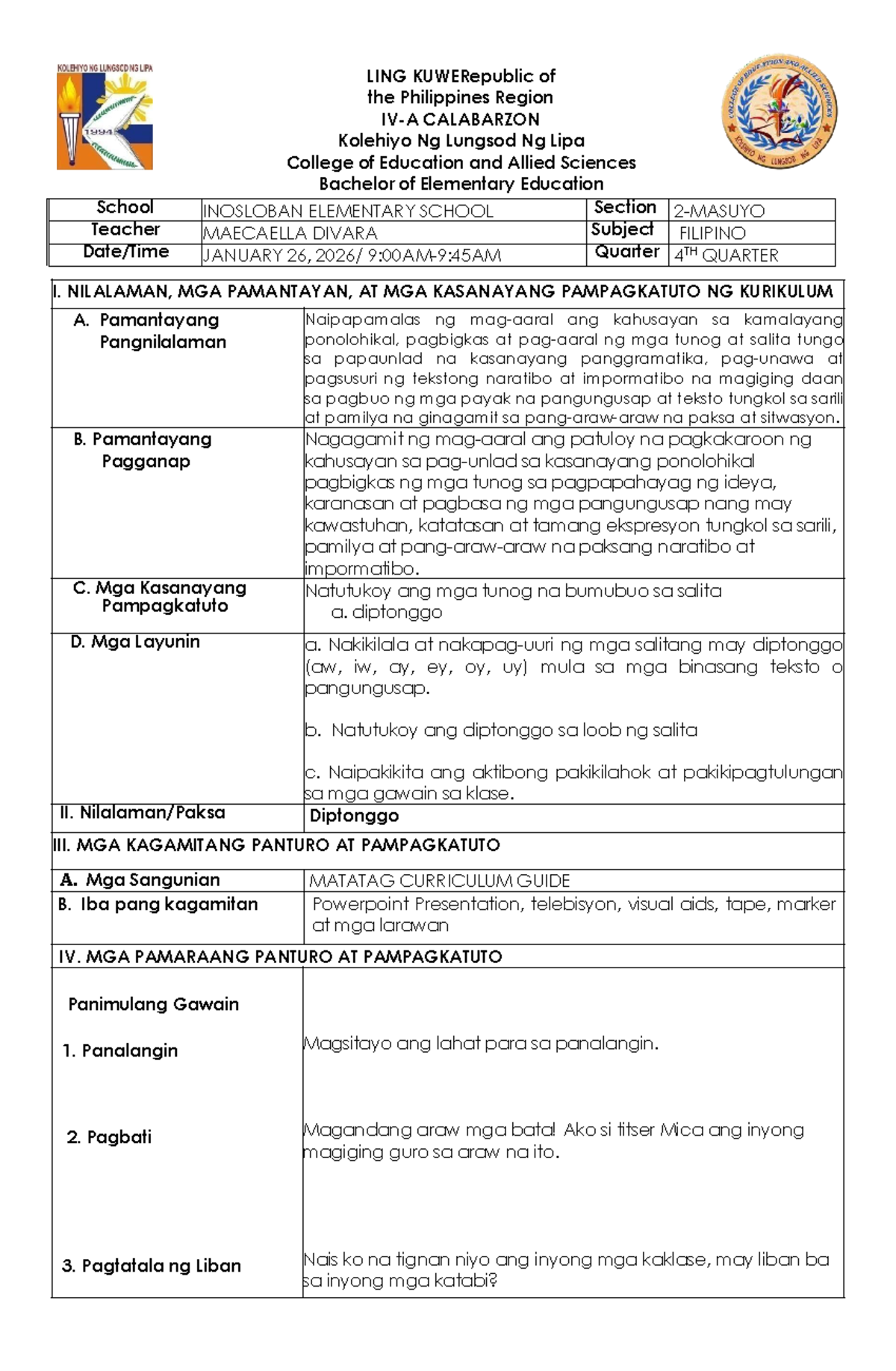 Grade 2 Masuyo LP: Diptonggo Lesson Plan by Maecaella Divara - Studocu