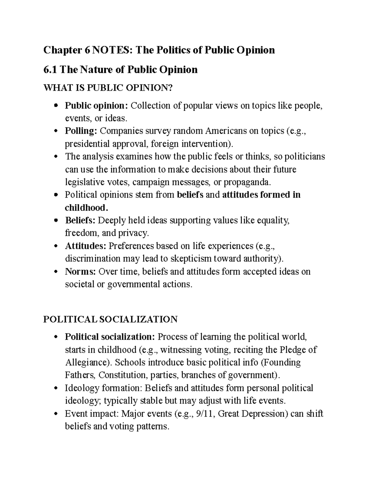 Chapter 6 Notes - The Politics of Public Opinion - Chapter 6 NOTES: The ...