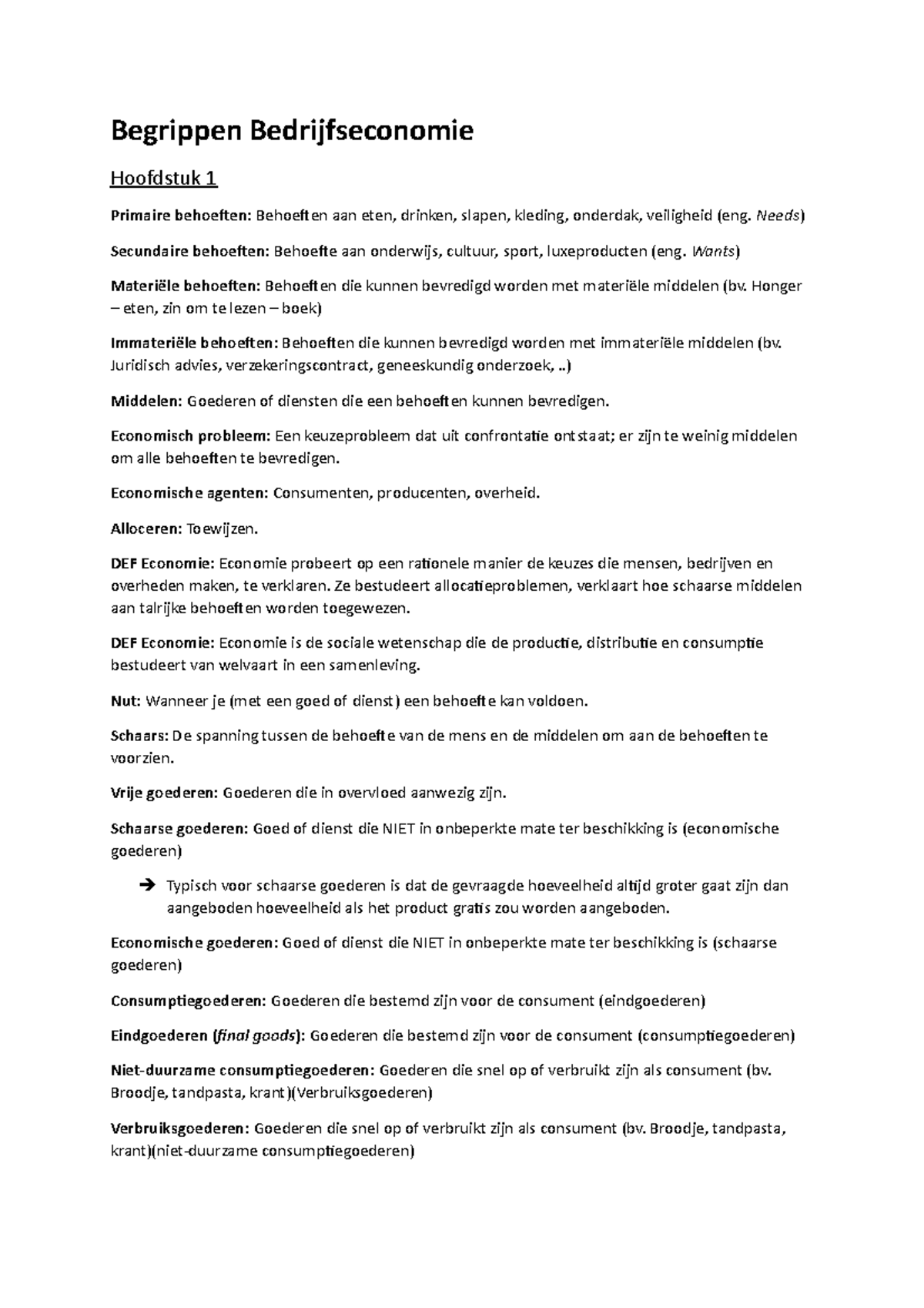 Begrippen Bedrijfseconomie - Begrippen Bedrijfseconomie Hoofdstuk 1 ...