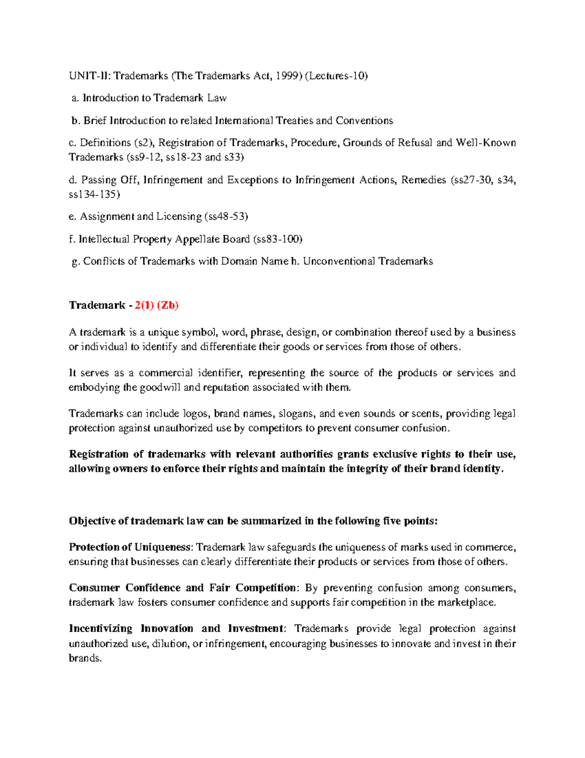 Trademark Law Study Guide - UNIT-II Overview (Lectures-10) - Studocu