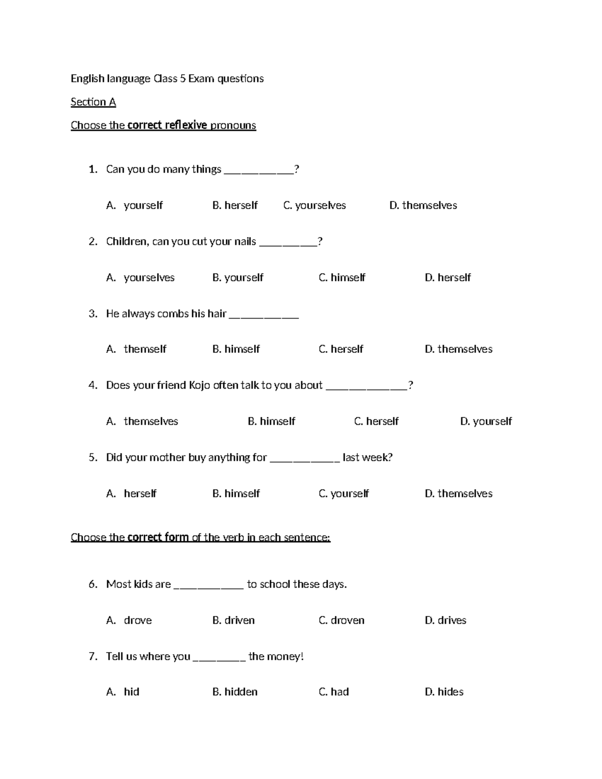 English Language Class 5 Final Exam Questions and Exercises - Studocu