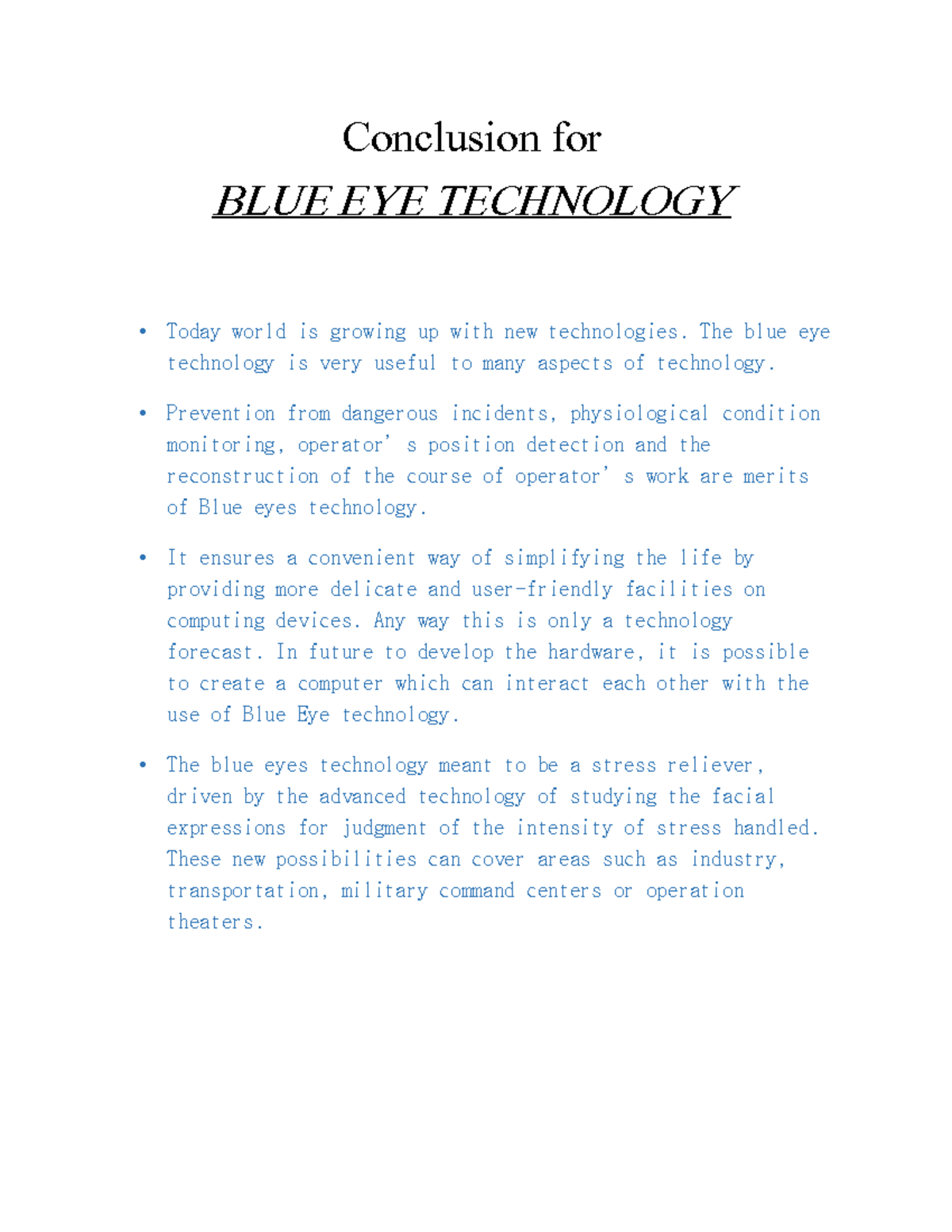 Conclusion on BLUE EYE Technology in Modern Applications - Studocu