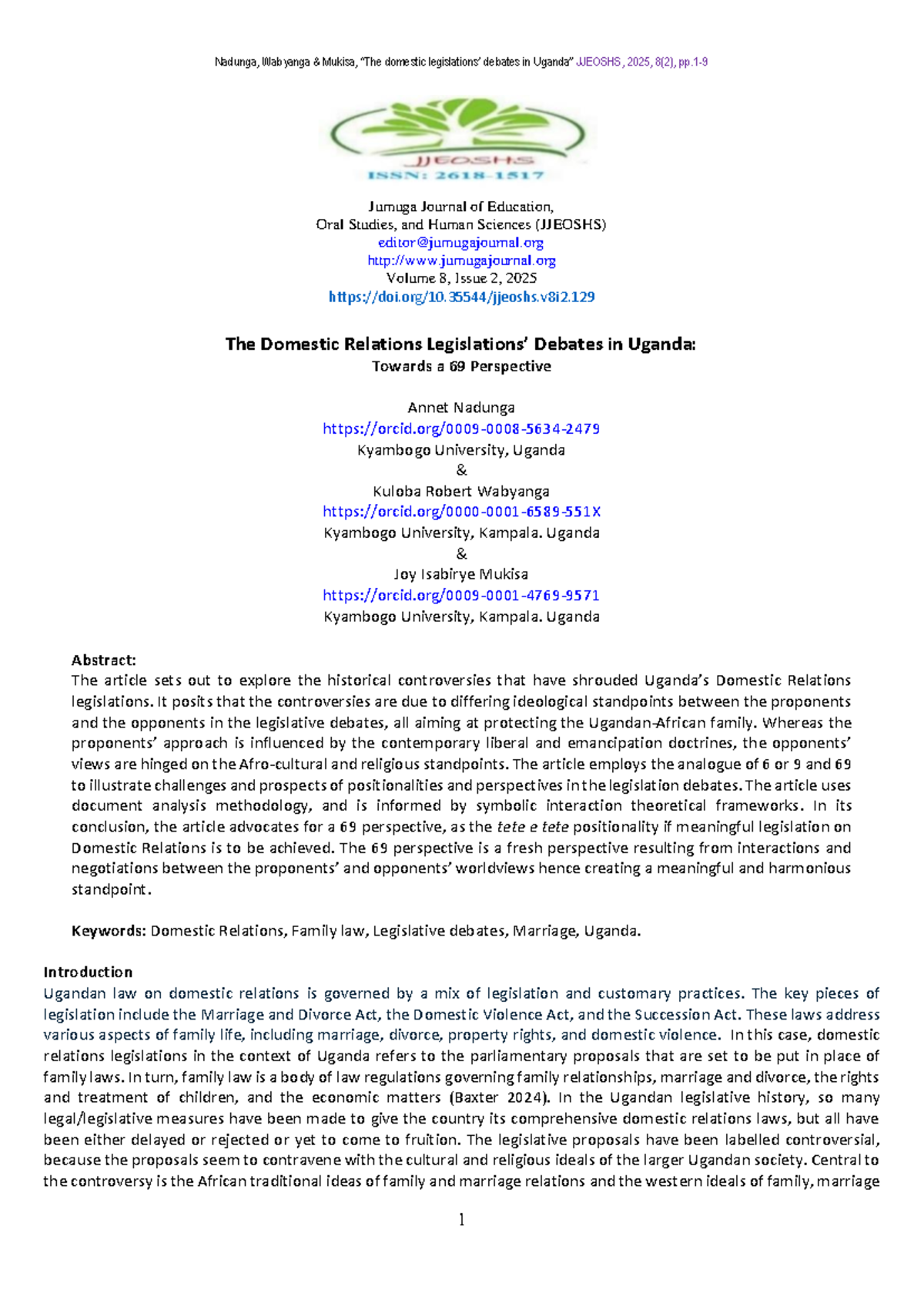 The Domestic Relations Legislations Debates in Uganda: A 69 Perspective ...