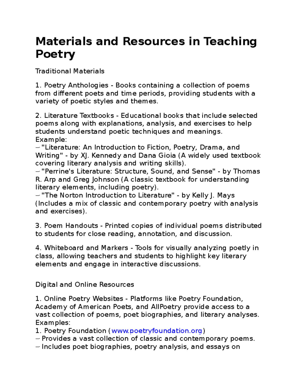 Teaching Poetry: Materials & Resources Overview for ENG 101 - Studocu