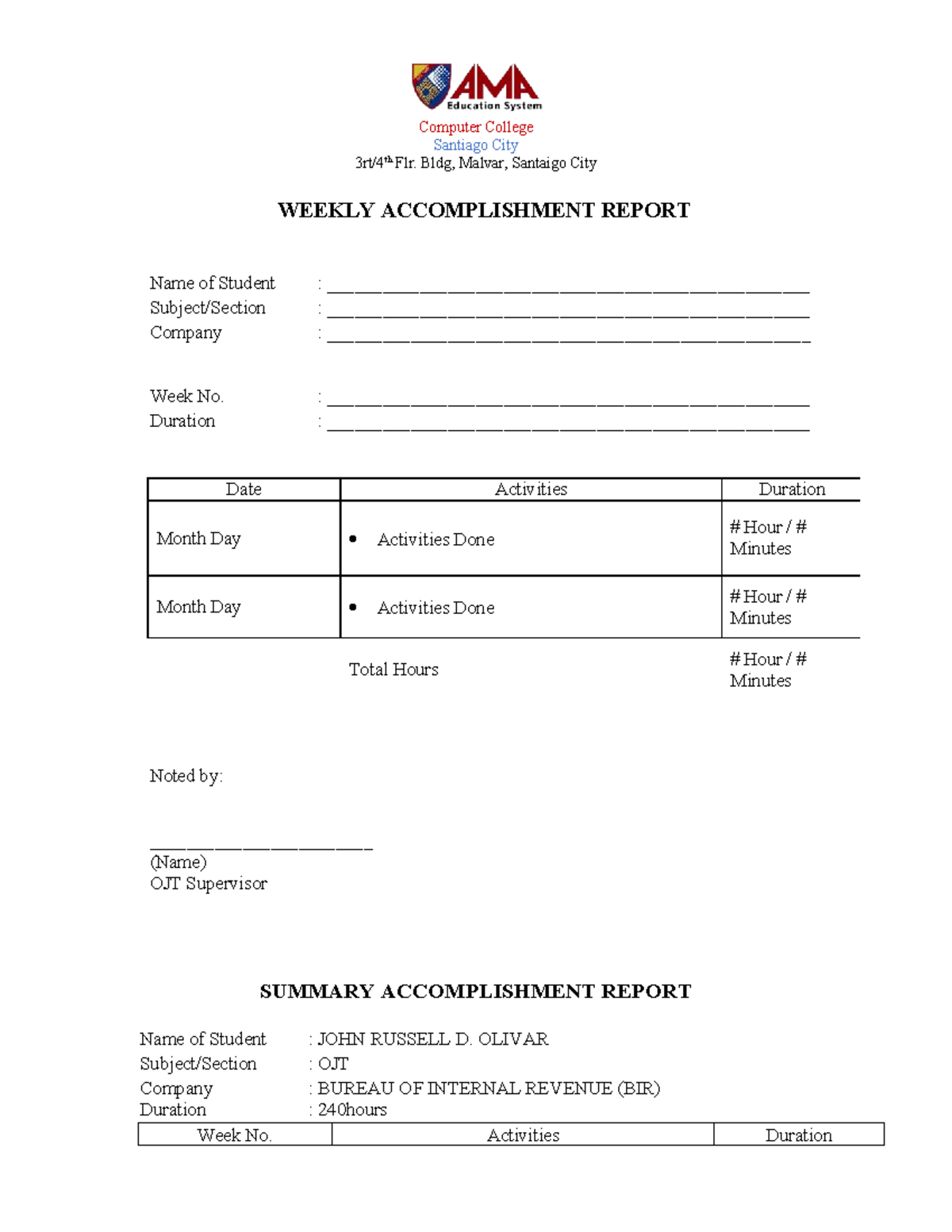 Weekly Accomplishment Report: OJT Summary for BIR Project 8 - Studocu