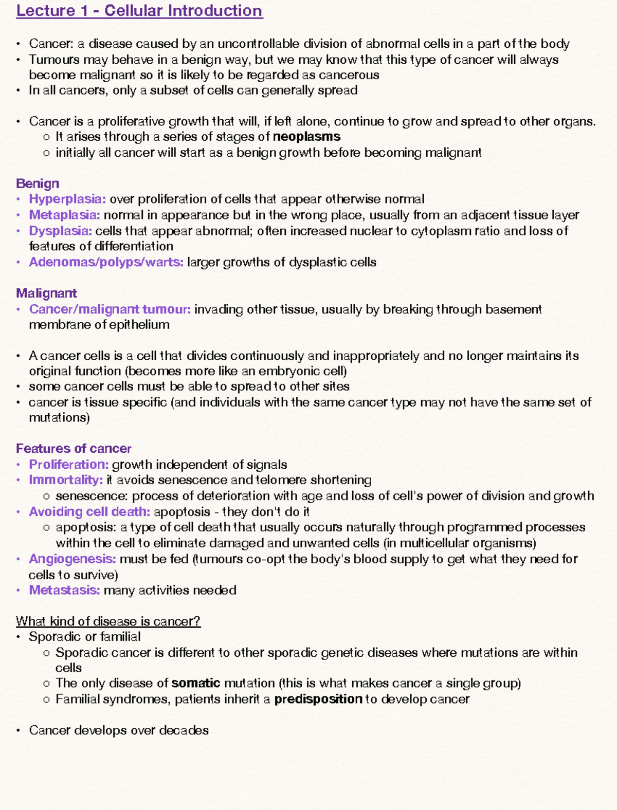 Life3005 - Lecture Notes: Introduction to Cancer Biology and Mechanisms ...