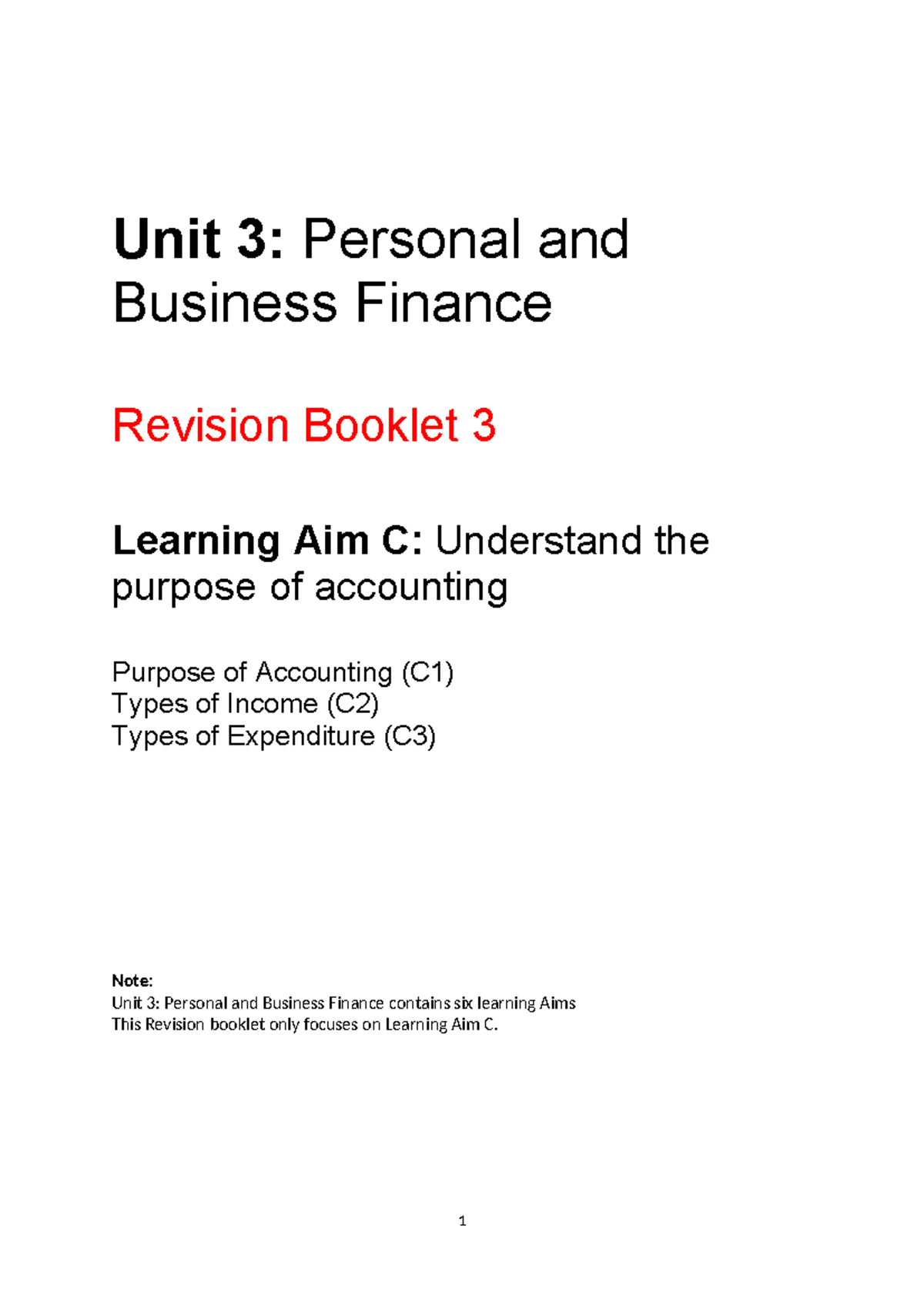 Unit 3 C: Purpose of Accounting Revision Guide - Personal & Business ...