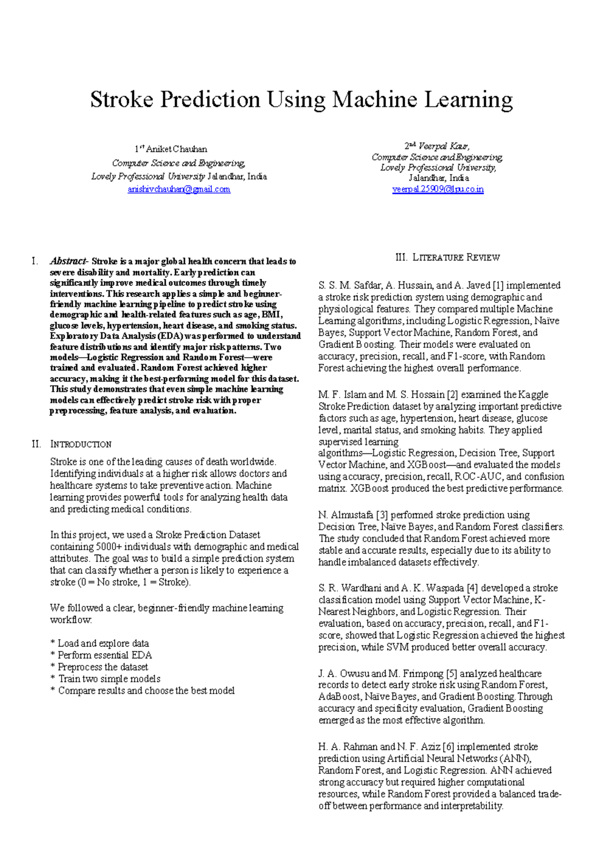 Stroke Prediction Using Machine Learning: A Comprehensive Study (CSE) - Studocu