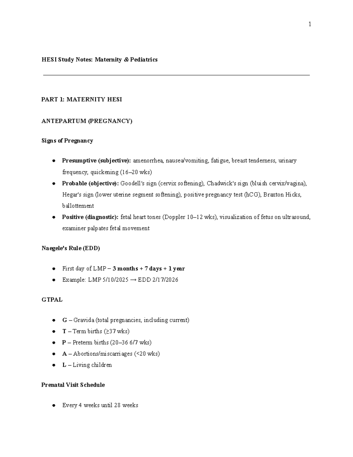 HESI Study Notes: Maternity & Pediatric Nursing (Part 1 & 2) - Studocu