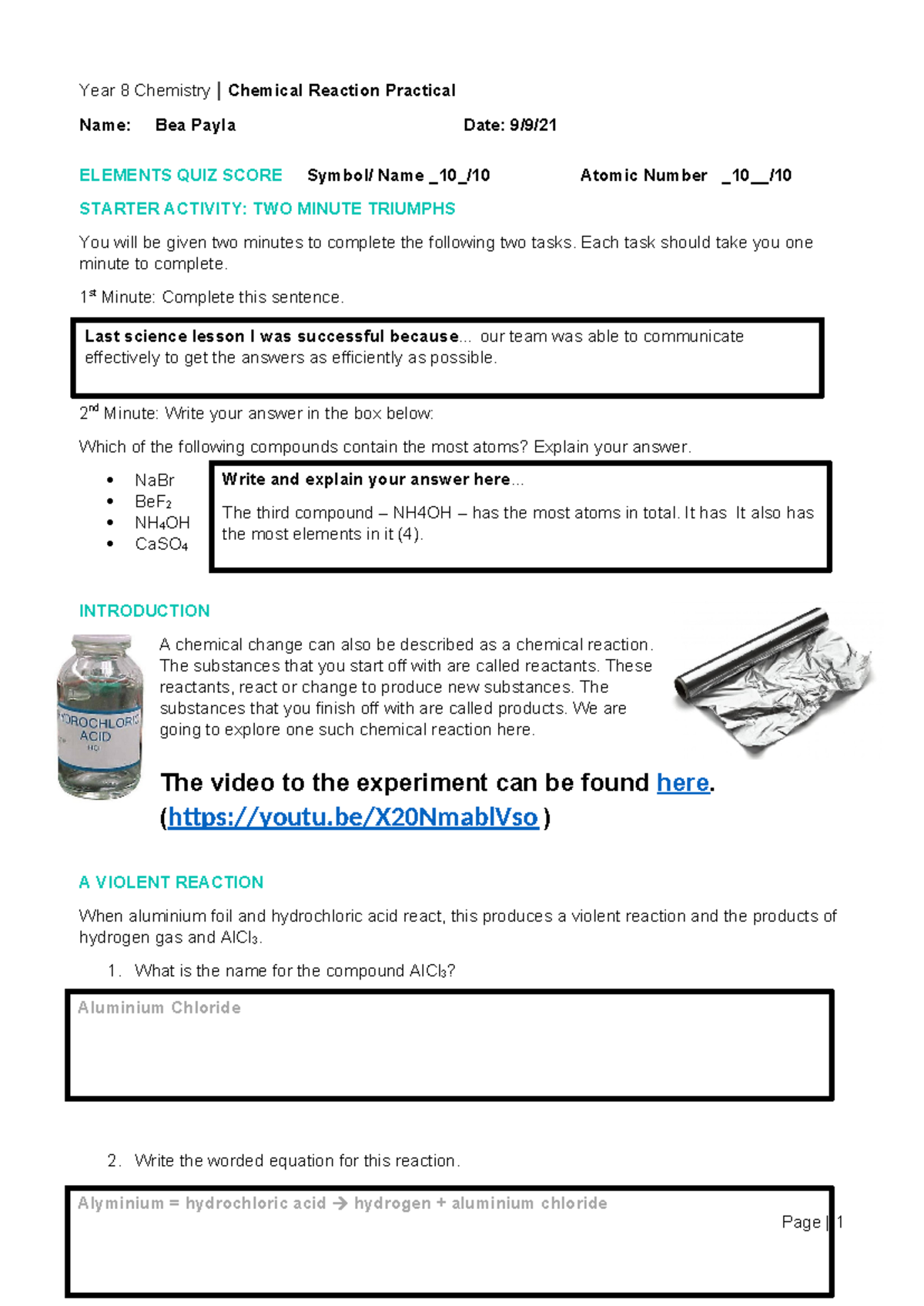 Year 8 Chemistry - Chemical Reaction Practical Report by Bea Payla ...