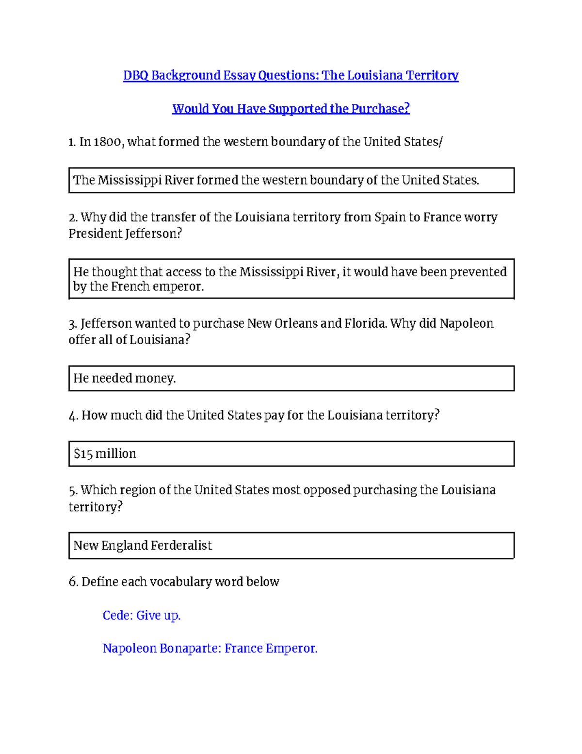 DBQ Essay: Analysis of the Louisiana Territory Purchase - Studocu