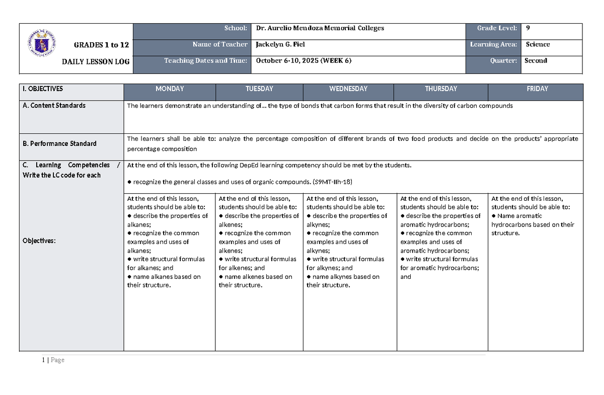 Daily Lesson Log: Science 9 Q2 Week 6 - Studocu