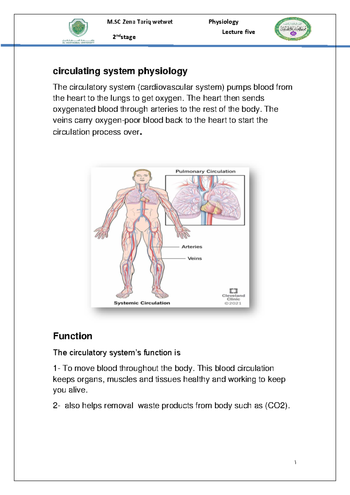 M.SC Physiology 2nd Stage Lecture 5: Circulatory System Overview - Studocu