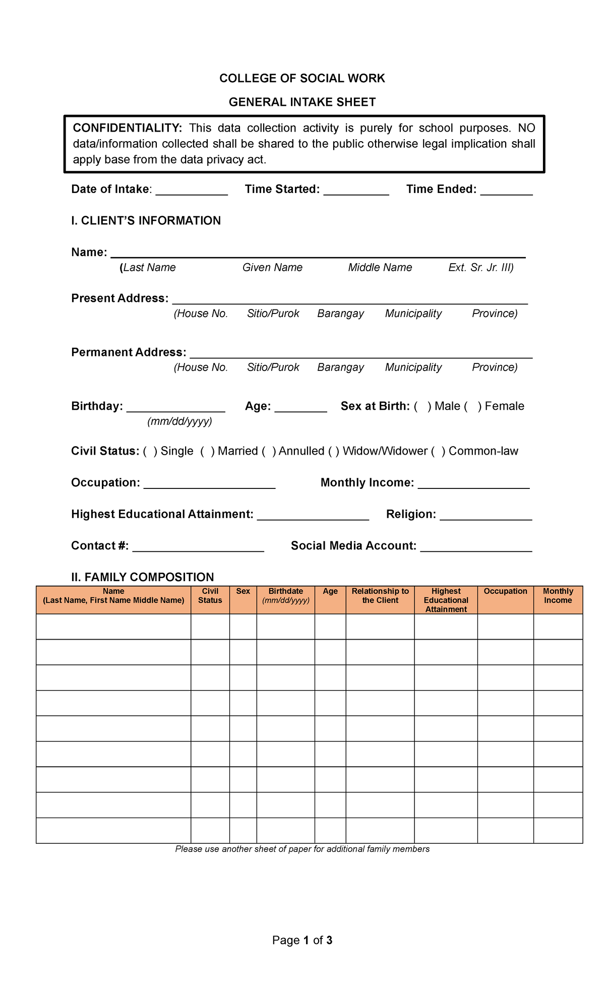 SOCIAL WORK 101: General Intake Sheet for Confidentiality - Studocu