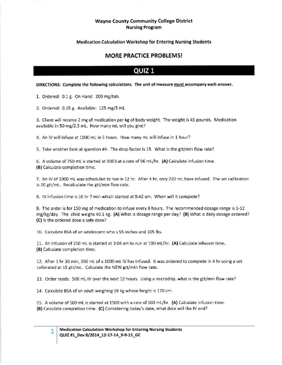 WCCCD Nursing Program Medication Calculation Workshop Quiz 1 Practice ...