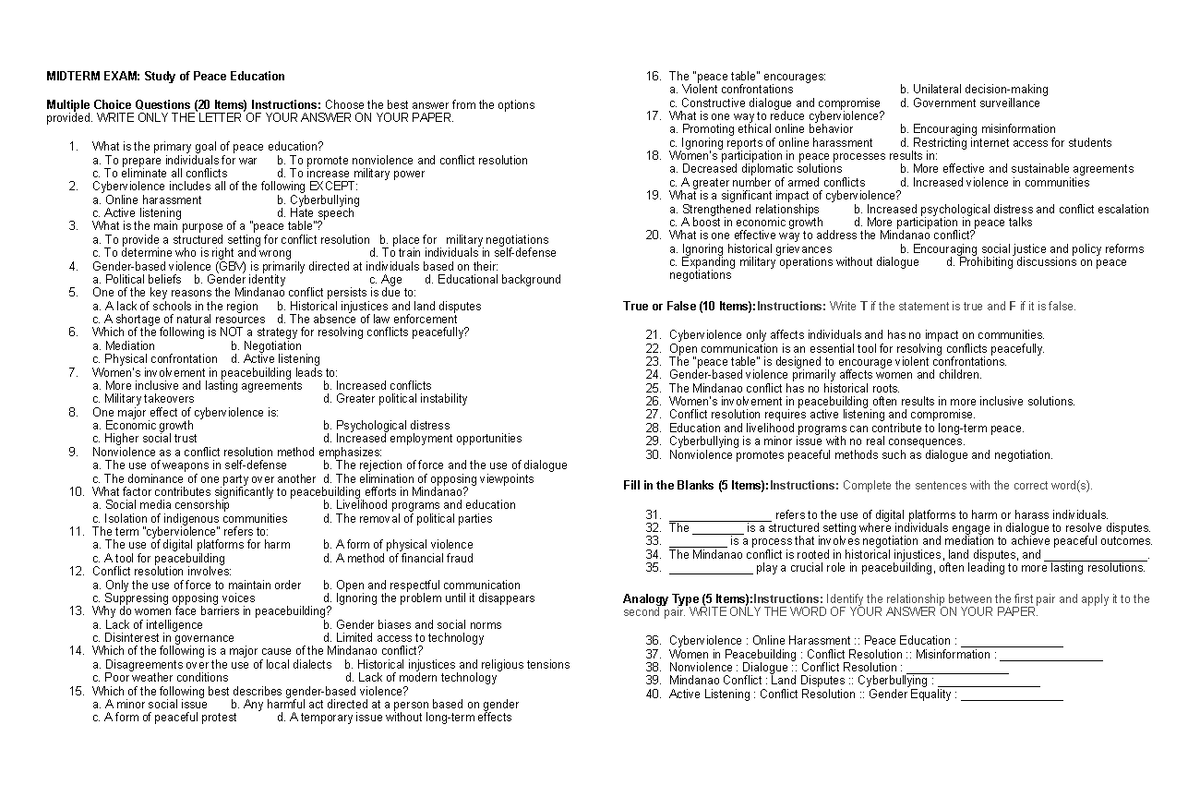 MIDTERM EXAM: Peace Education MCQs and True/False Questions - Studocu