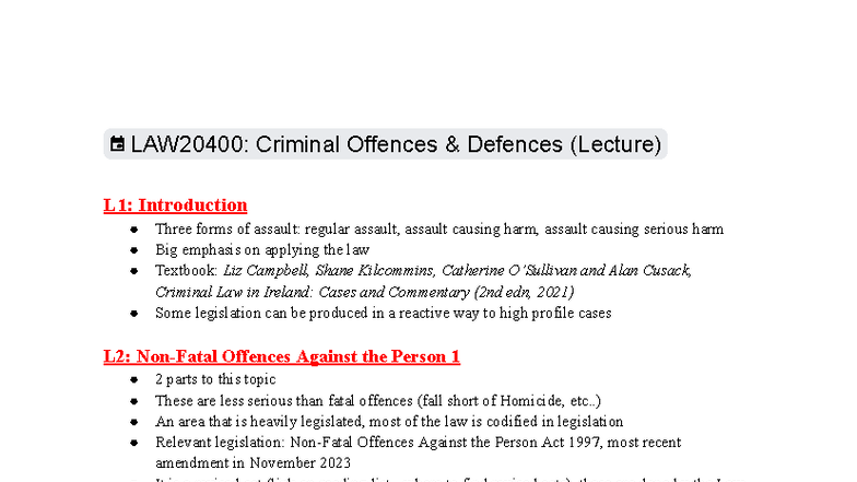 LAW20400: Criminal Offences Defences (Lecture) Overview and Key ...