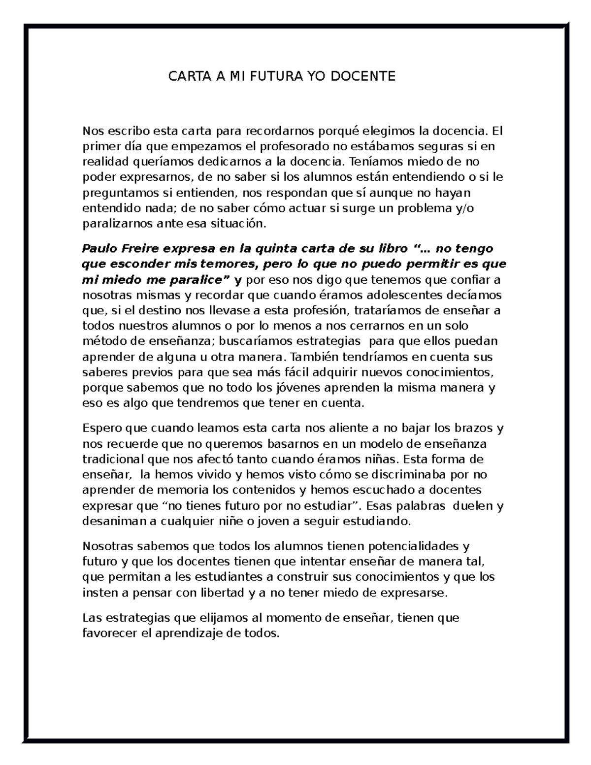 Carta a Mi Futuro YO Docente: Reflexiones y Compromisos - Studocu