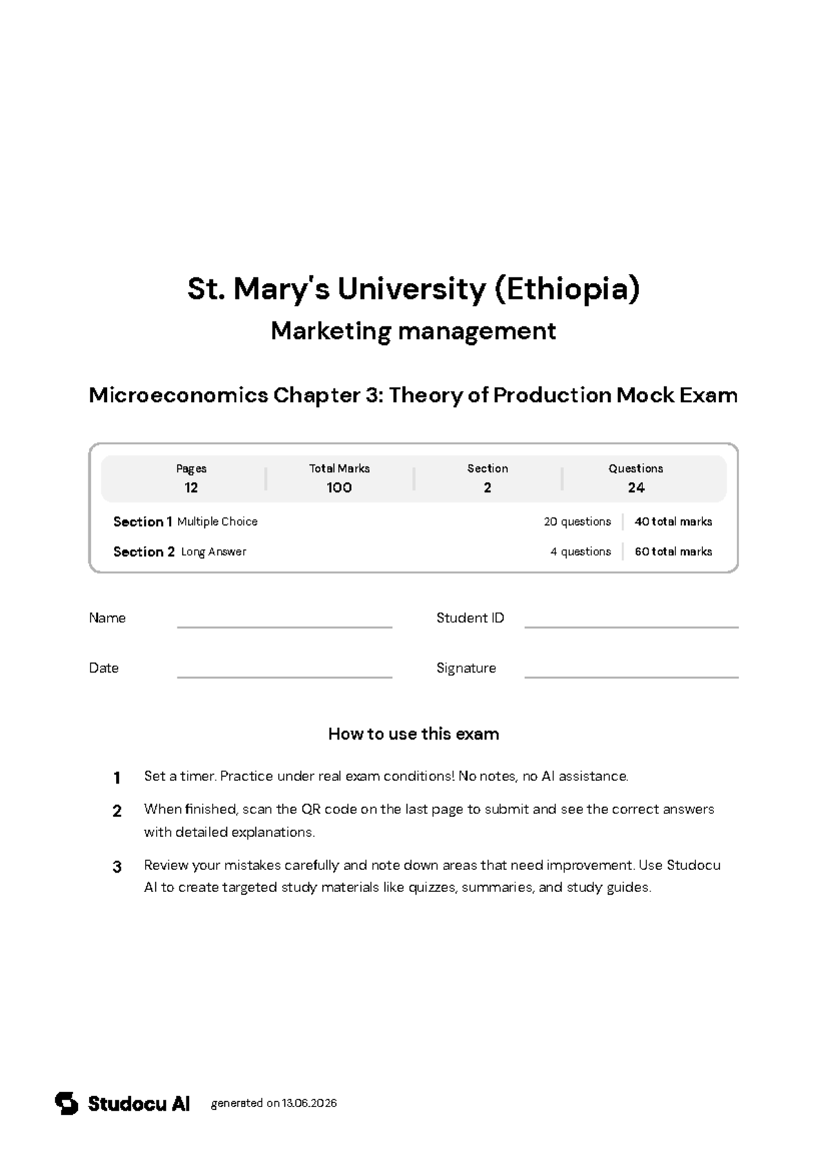 Microeconomics Chapter 3: Theory of Production Mock Exam - Studocu