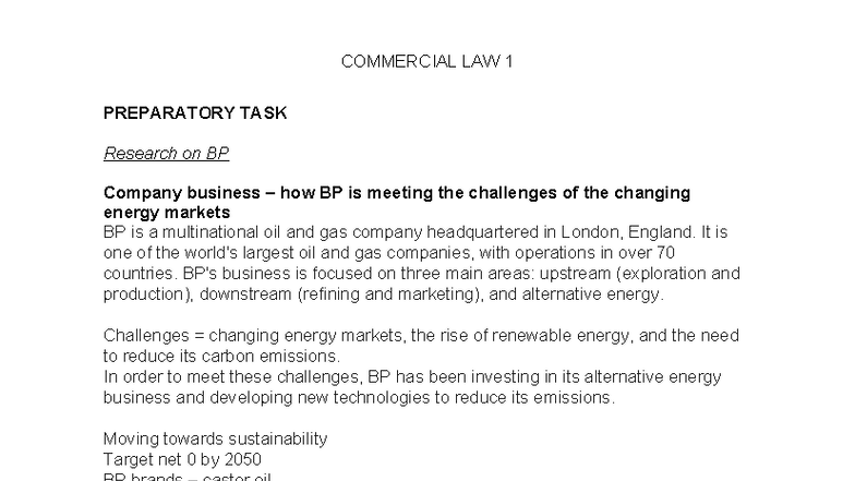 COMMERCIAL LAW 1: BP's Business Strategies & Legal Challenges Analysis ...