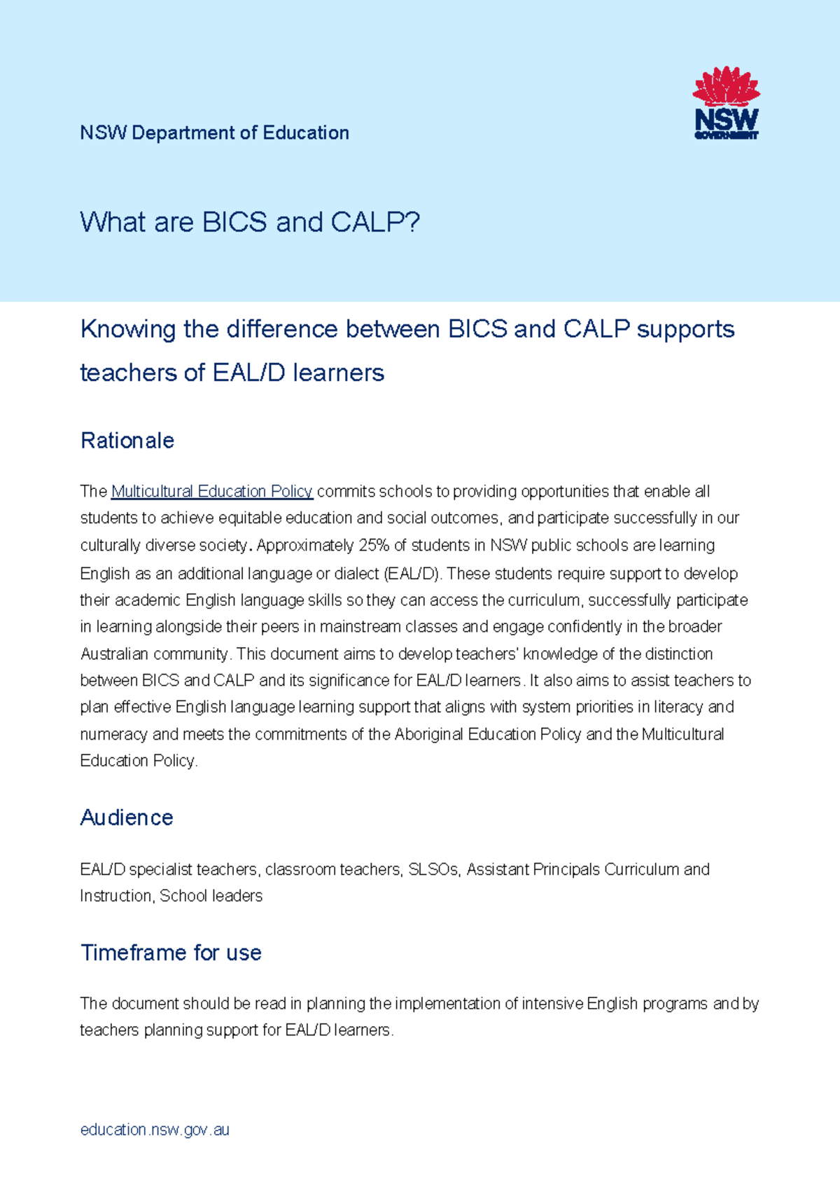 NSW Department of Education: Understanding BICS and CALP for Teachers ...