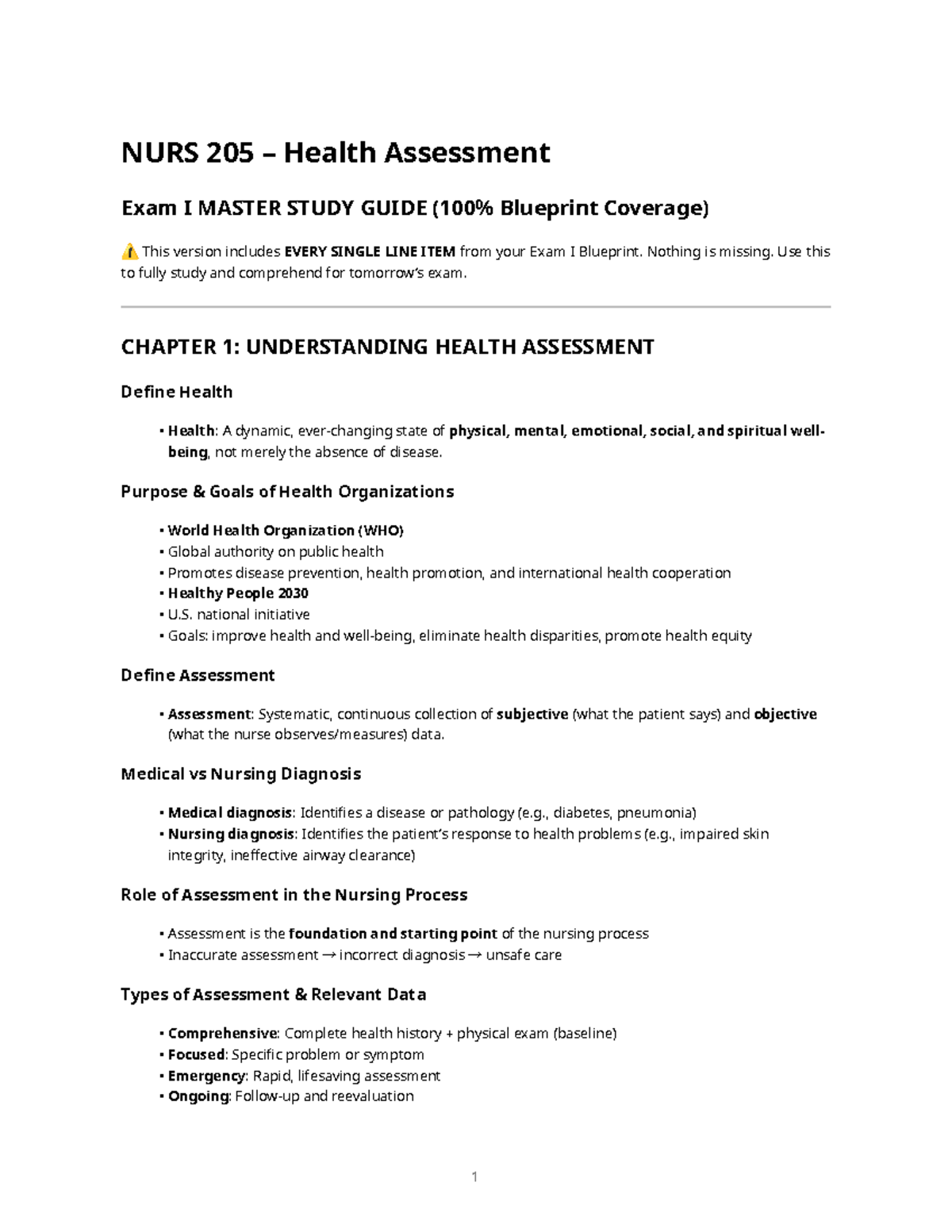 NURS 205 Health Assessment Exam I - Comprehensive Study Guide - Studocu