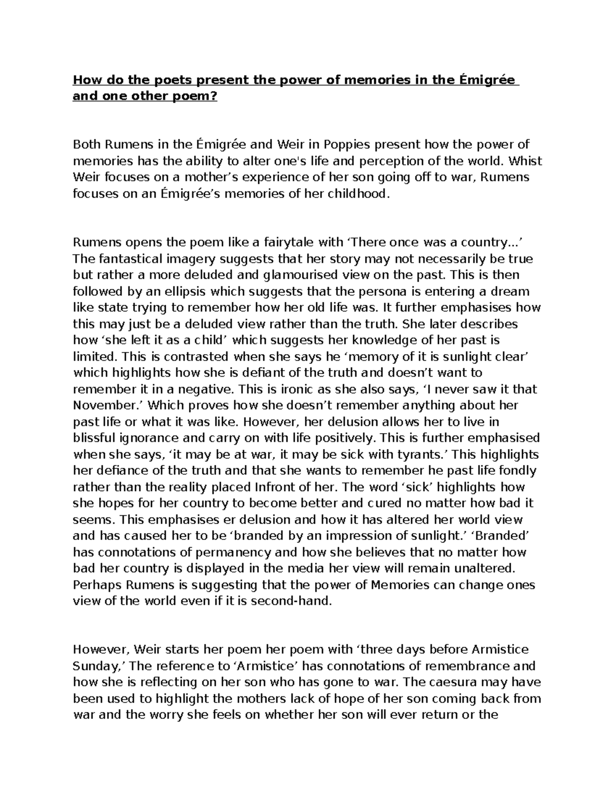 The Émigrée & Poppies: Exploring the Power of Memories in Poetry - Studocu
