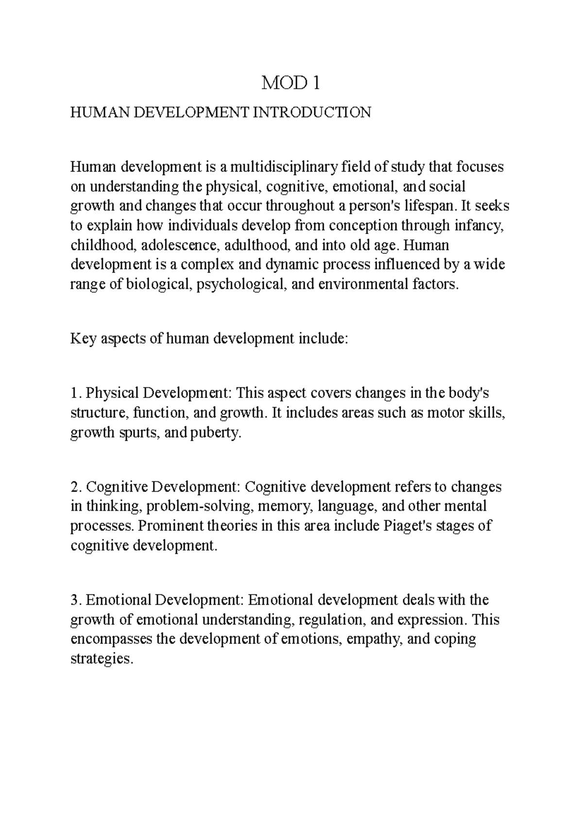 LSD MOD 1 - life span notes - MOD 1 HUMAN DEVELOPMENT INTRODUCTION ...