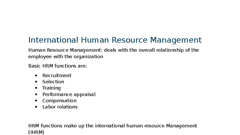 International Human Resource Management (IHRM) Overview and Insights ...