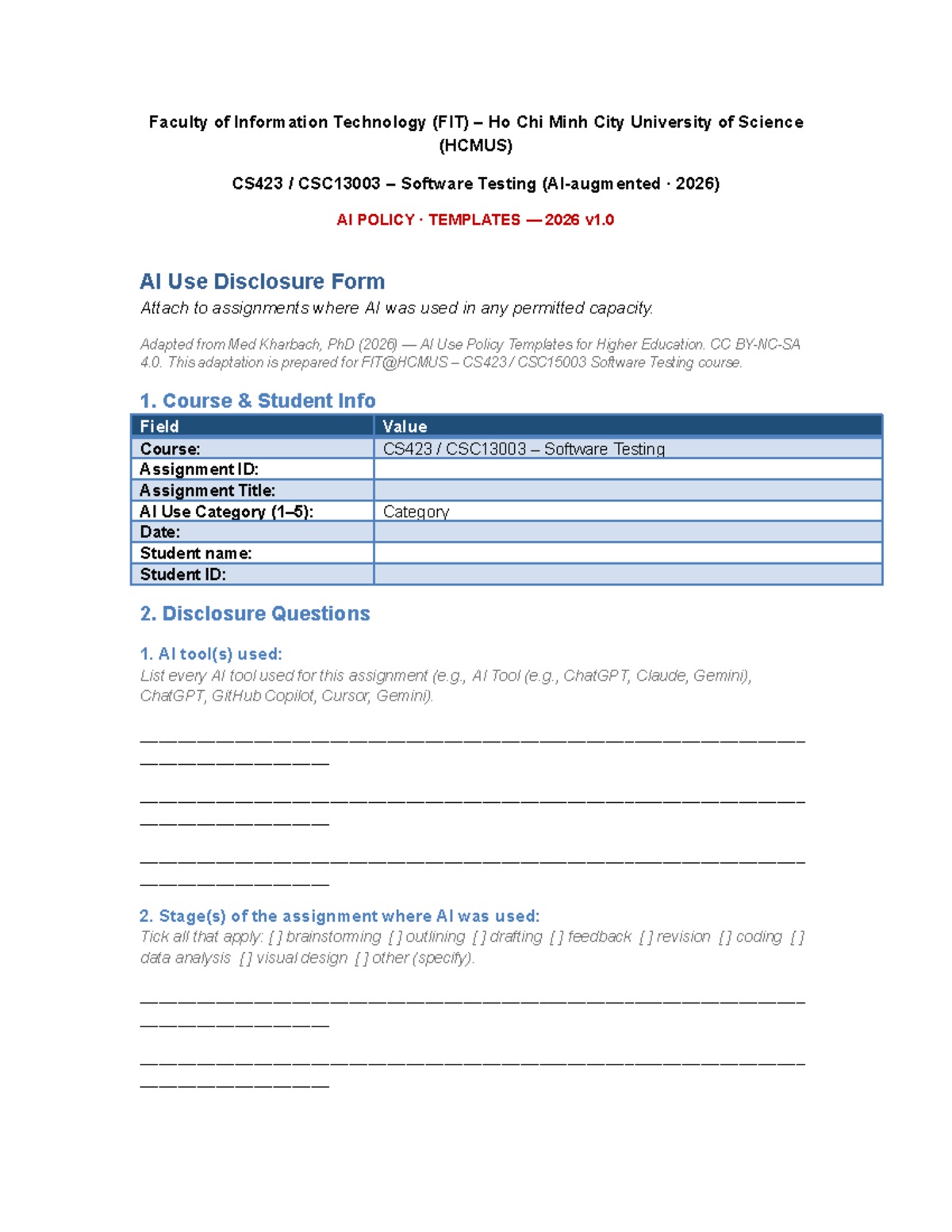 CS423 CSC13003 Software Testing AI Use Disclosure Form 2026 - Studocu