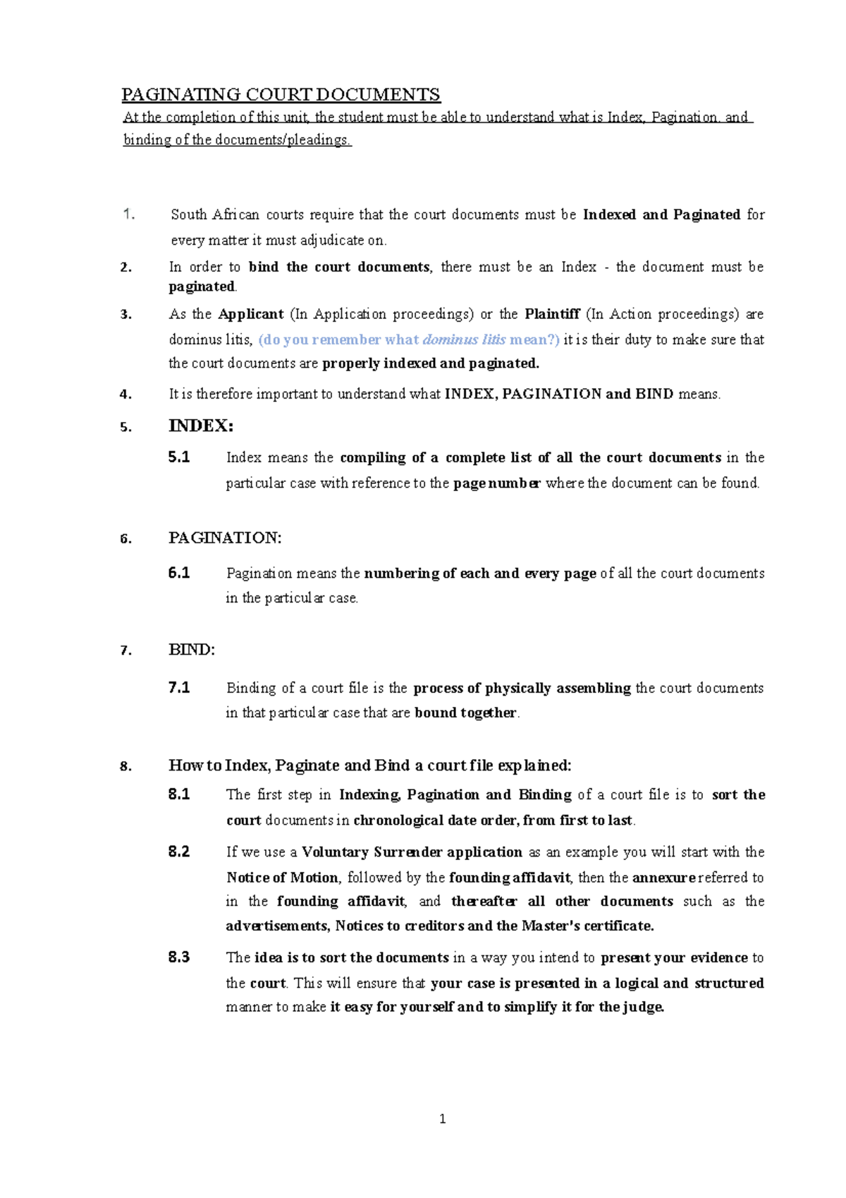 LED206D Indexing, Pagination & Binding of Court Documents - Studocu