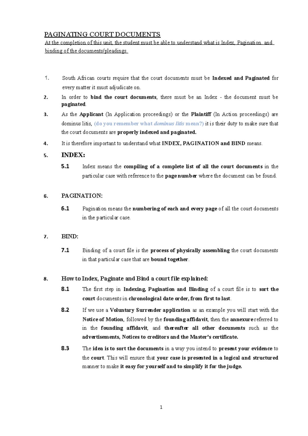LED206D Indexing, Pagination & Binding of Court Documents - Studocu