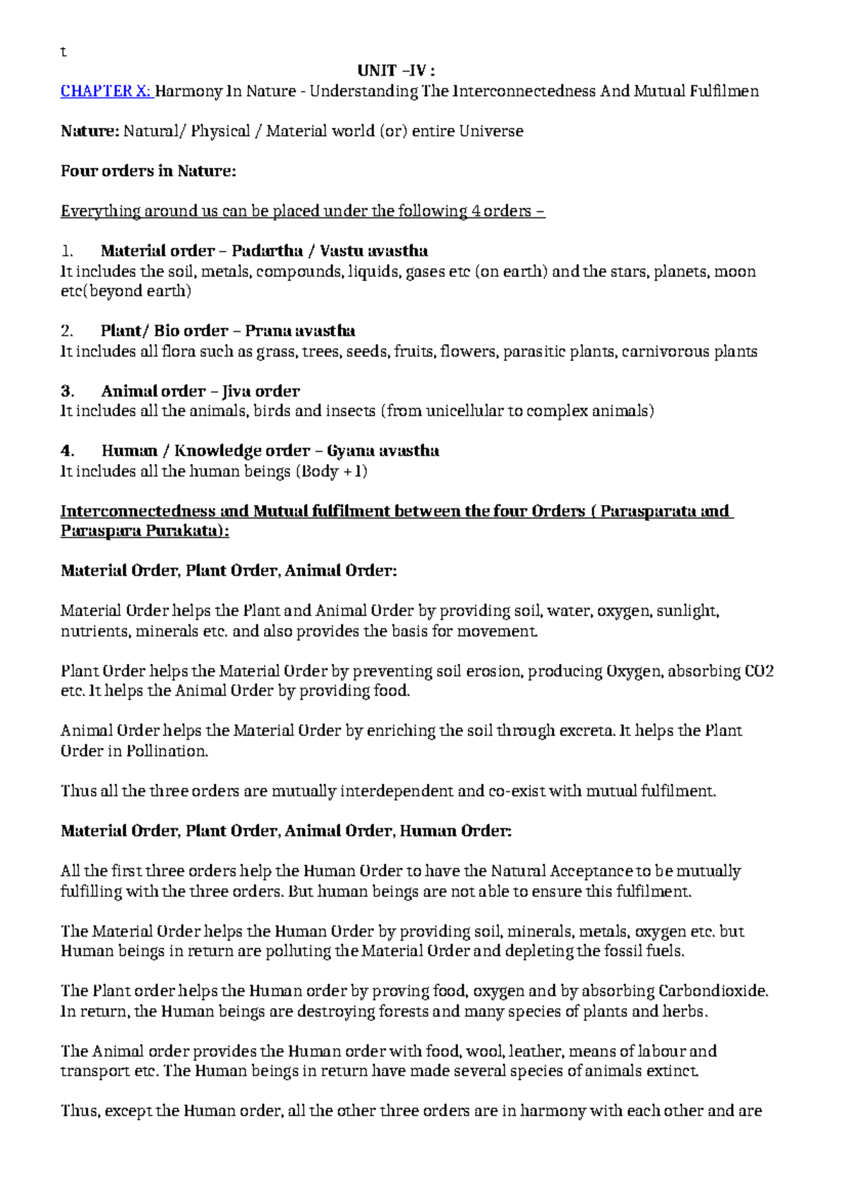 UNIT IV: CHAPTER X & XI - Harmony in Nature and Existence Notes - Studocu