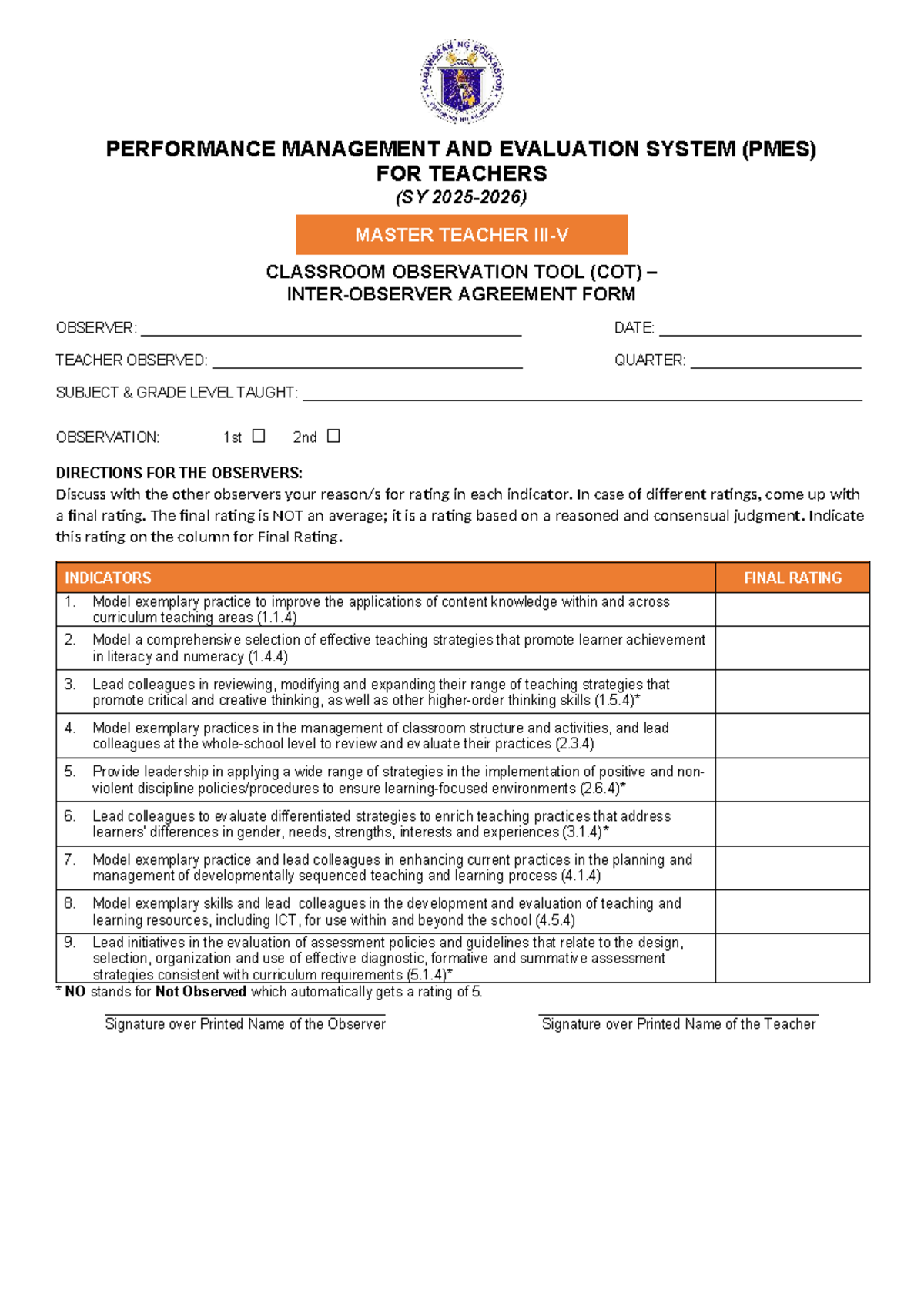 COT Inter-Observer Agreement Form for SY Distinguished Teacher (MT III ...