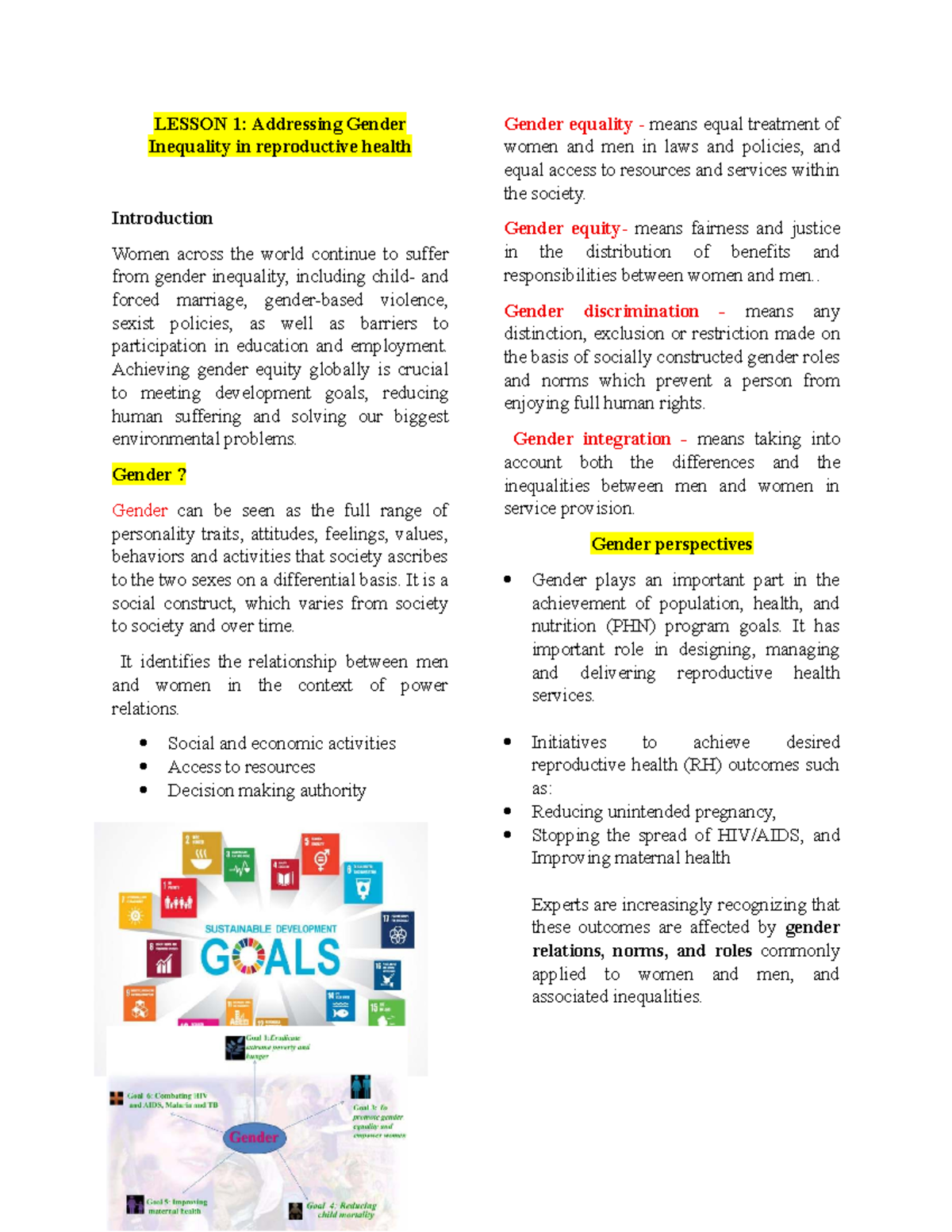 GEL 1 - Lesson 1 & 2: Gender Inequality in Reproductive Health - Studocu