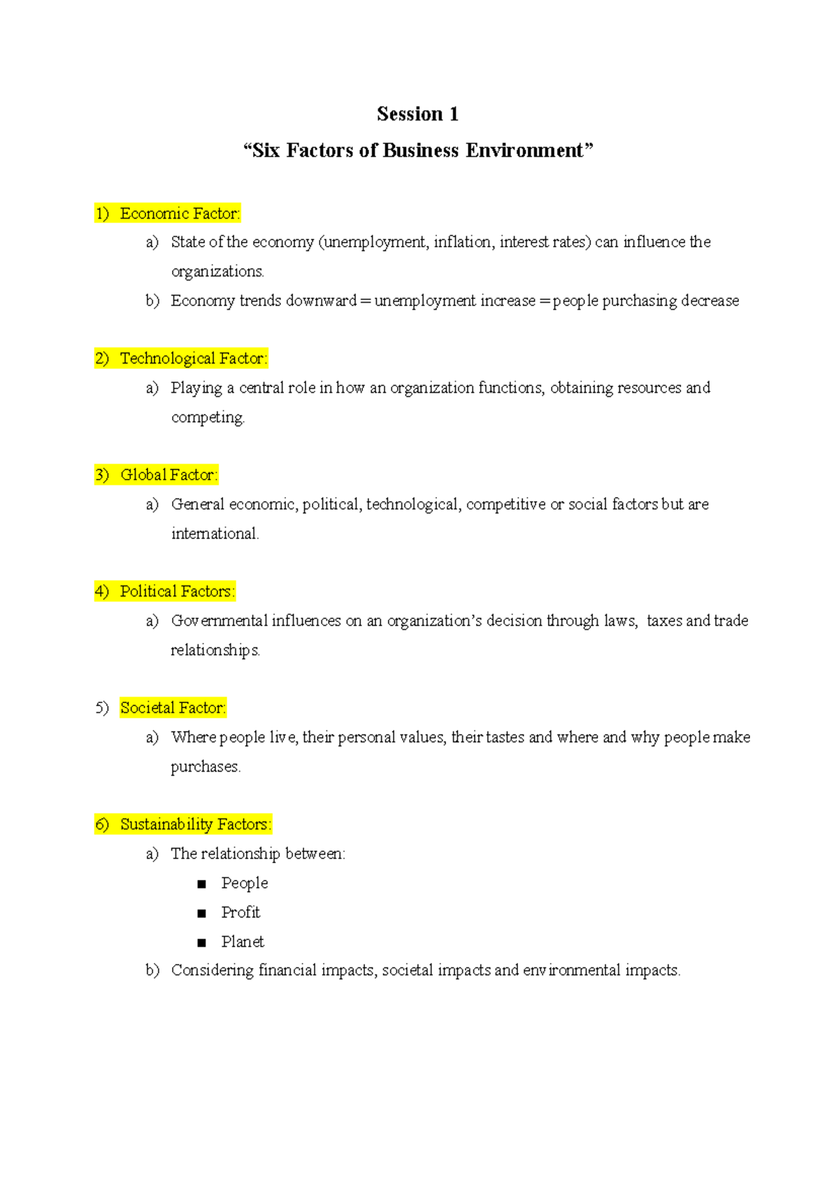 ADMS 1000 - Lecture Notes - Session 1 “Six Factors of Business ...