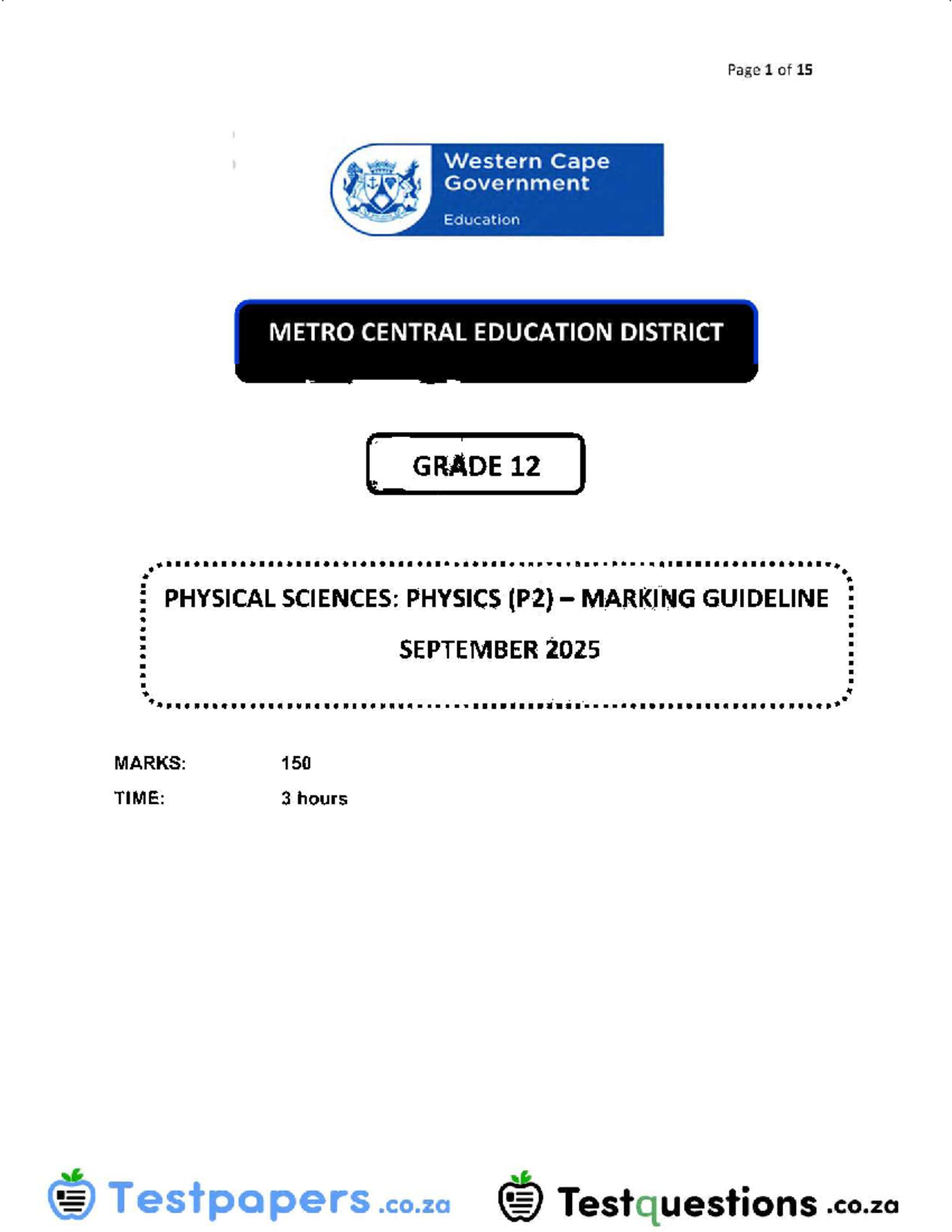 Physics Grade 12 NSC P2 Marking Guideline Memo - September 2025 - Studocu