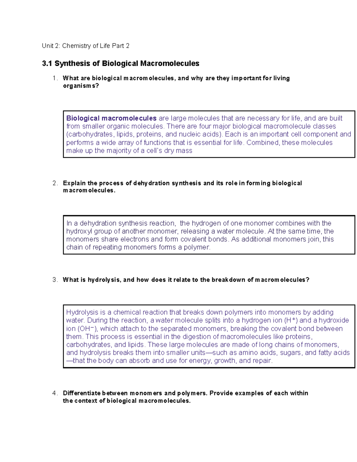 Unit 2: Chemistry of Life Part 2 - Biological Macromolecules Overview ...