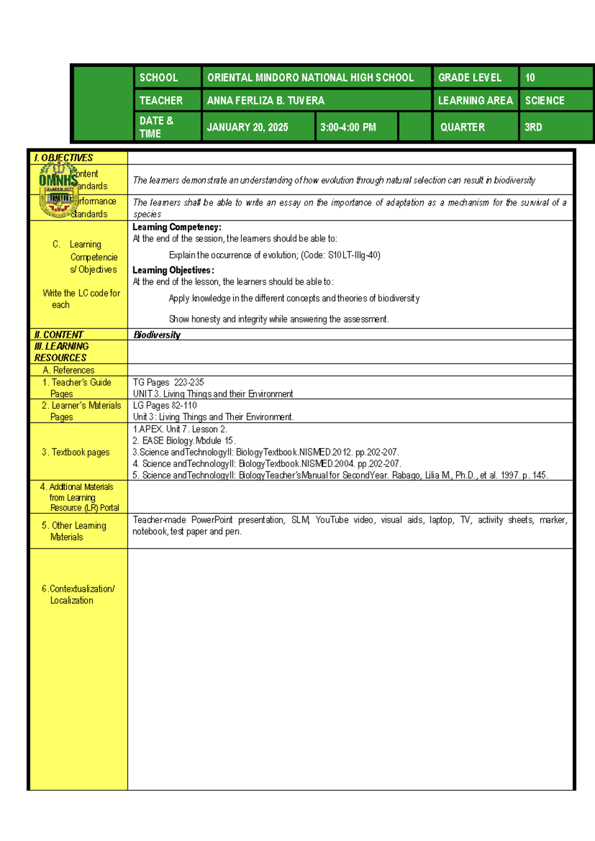Grade 10 Science Summative Test - Biodiversity & Evolution Concepts ...