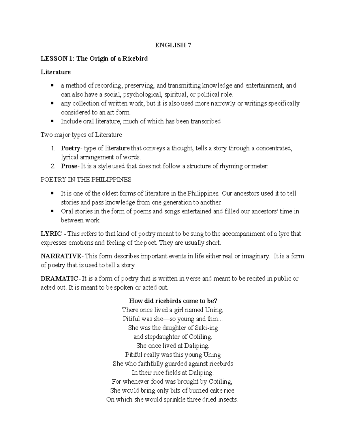 English 7 - Lesson 1 & 2 Review: Literature and Poetry Concepts - Studocu